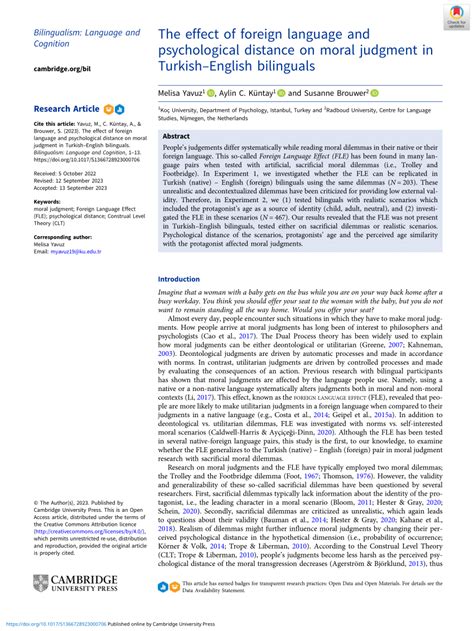 Pdf The Effect Of Foreign Language And Psychological Distance On Moral Judgment In Turkish