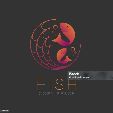 물고기 심볼 아이콘 낚시 그물 공기 방울이 물고기 텍스트와 복사 공간 벡터 Eps10와 어두운 배경에 오렌지 바이올렛 그라데이션 컬러 디자인 그림 격리 설정 0명에 대한