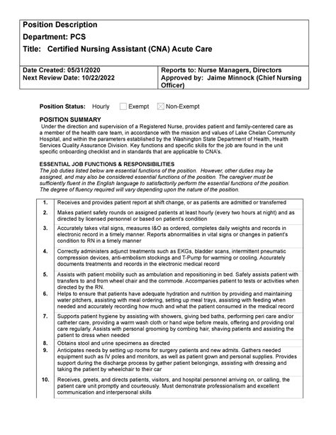 Certified Nursing Assistant Cna Acute Care 7705 1 Position Description Department Pcs