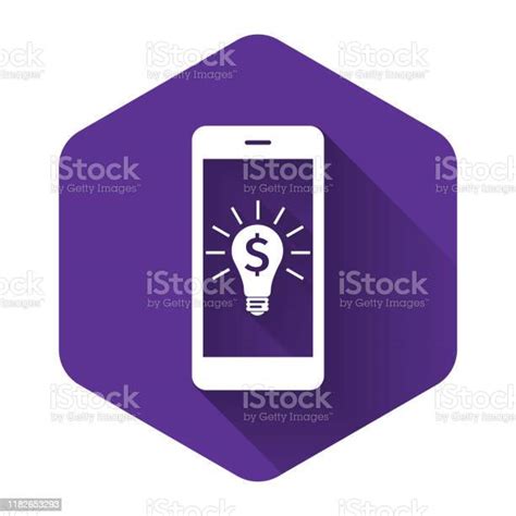 긴 그림자로 격리 된 스마트 폰 화면 아이콘에 달러와 화이트 비즈니스 전구 사용자 터치 스크린 보라색 육각 버튼 벡터