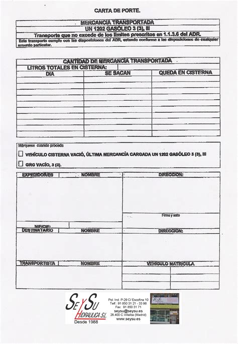 Carta De Porte Y LLenado Gasoil Gasoleo ADR GRG SEYSU Hidraulica S L