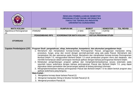 Pdf Rencana Pembelajaran Semester Program Studi Sap Gunadarma Ac Id