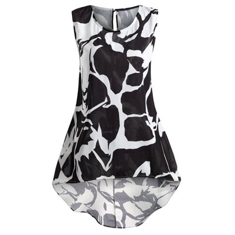 Plus Size Sleeveless Print High Low Blouse Black White Big And Sexy