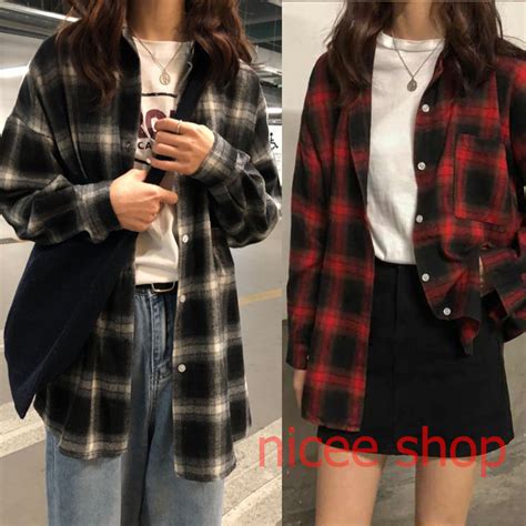 เสื้อเชิ้ต แขนยาว ลายสก๊อต สไตล์เกาหลี สวมใส่สบาย ไม่หนา ไม่บาง สีดํา สําหรับผู้หญิง Shopee