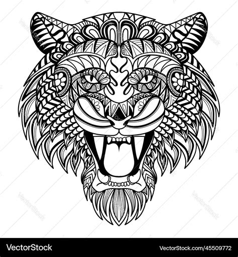 Tiger Head Angry Mandala Entangle Coloring Page Vector Image