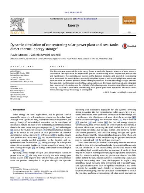 Pdf Dynamic Simulation Of Concentrating Solar Power Plant And Two