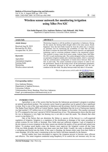 Wireless Sensor Network For Monitoring Irrigation Using Xbee Pro S2c Pdf