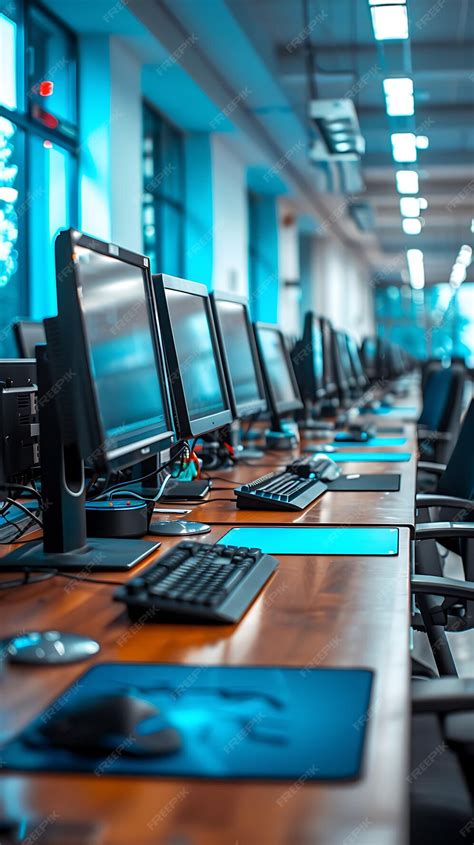 Organized Computer Lab With Neat Rows Of Computers And Ergonomic Chairs