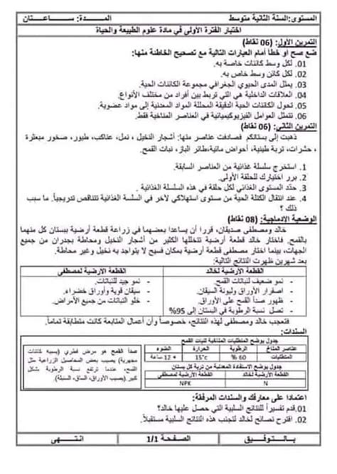 2am Science اختبار السنة الثانية متوسط للفصل الأول في ع الطبيعية مع