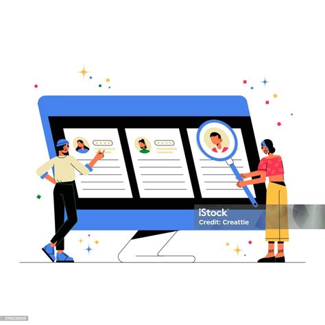 남성과 여성 채용 담당자가 컴퓨터 화면에서 후보자 프로필을 분석하는 모습은 채용 인재 확보 및 경력 성장을 상징하는 평면 벡터