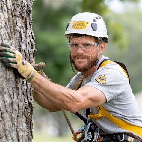 Experienced Tree Cutting Worker Safely Removing Towering Tree In Lush Green Backyard Premium