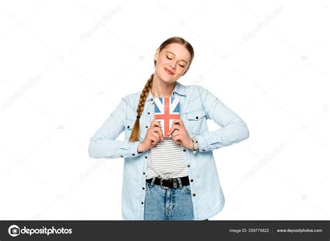 Smiling Pretty Girl Braid Closed Eyes Holding Book Flag Isolated Stock