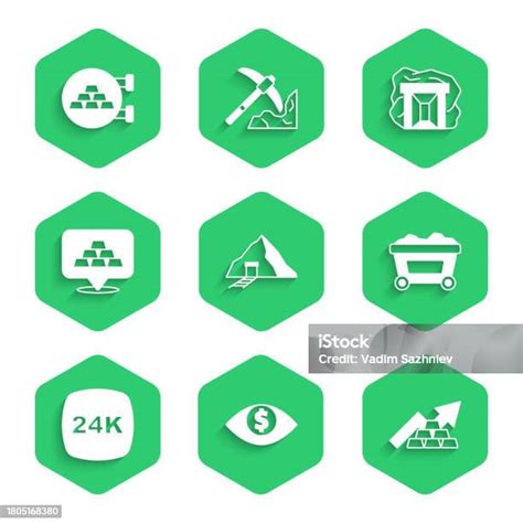 금광 달러가 있는 눈 성장 화살 금괴 광산 카트 24k 및 보석 상점 아이콘을 설정합니다 벡터 개념에 대한 스톡 벡터 아트 및 기타 이미지 Istock