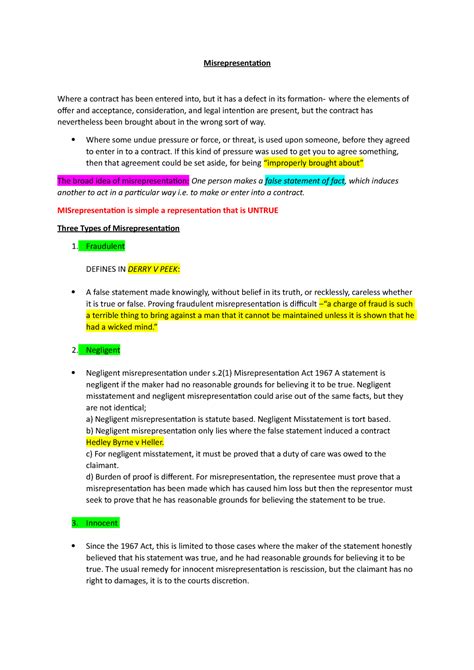 Misrepresentation Misrepresentaion Where A Contract Has Been Entered Into But It Has A Defect