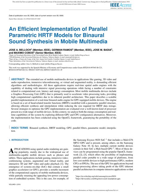 Pdf An Efficient Implementation Of Parallel Parametric Hrtf Models For Binaural Sound