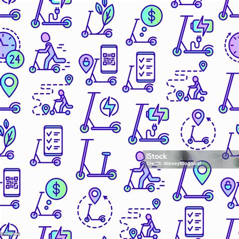 공유 서비스 모바일 앱 Qr 코드 주차 헬멧 에코 전송 포인터 얇은 라인 아이콘 전기 스쿠터 원활한 패턴 현대 벡터 그림입니다 이동식 스쿠터에 대한 스톡 벡터 아트 및 기타