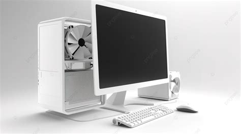 White Computer Is Next To A Mouse And Keyboard Background D Computer Desktop White Model On