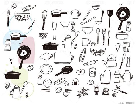 白黒、モノトーン、線画のイラスト手書き、オシャレ、ファッション、可愛い、カフェ、料理、クッキング、のイラスト素材 89918320