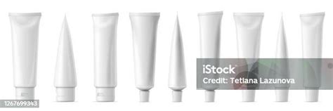 현실적인 튜브 모형 치약 크림 젤 샴푸를 위한 흰색 플라스틱 튜바 빈 패키징 전면 및 측면 뷰 벡터 모형 튜브에 대한 스톡 벡터 아트 및 기타 이미지 Istock