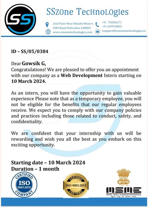 Gowsik G On Linkedin Sszone Sszonetechnologies Internship Offerletter