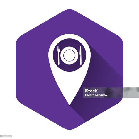 긴 그림자로 고립 된 레스토랑과 칼 요리 포크 칼 아이콘이있는 화이트 맵 포인터 보라색 육각 버튼 벡터 일러스트레이션 검색에 대한 스톡 벡터 아트 및 기타 이미지 Istock