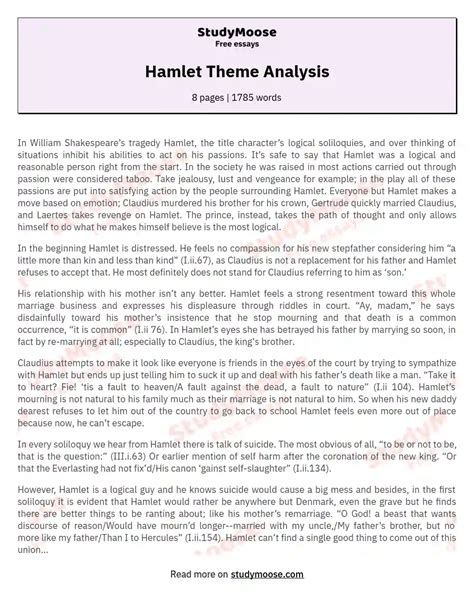 Hamlet Theme Analysis Free Essay Example