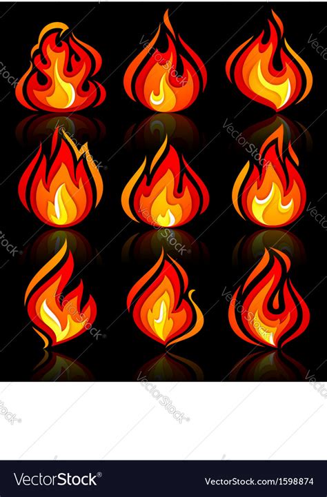 Fire Flames New Set With Reflection Royalty Free Vector