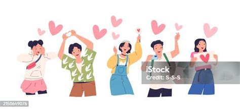 한국 팬들 K 대중 음악 문화 Kpop 아이돌 Fanats 캐릭터 플래 카드와 응원 스틱 콘서트 이벤트 한국 뮤지컬 유명 인사 스타 만화 고급 벡터 일러스트 레이 션 K