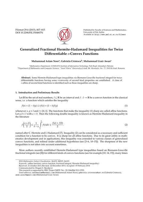 Pdf Generalized Fractional Hermite Hadamard Inequalities For Twice Differentiable S Convex