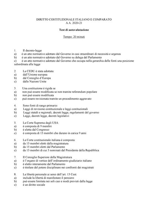 Test Autovalutazione Diritto Costituzionale Italiano E Comparato A