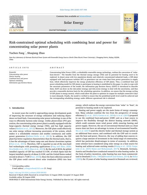 Pdf Risk Constrained Optimal Scheduling With Combining Heat And Power For Concentrating Solar