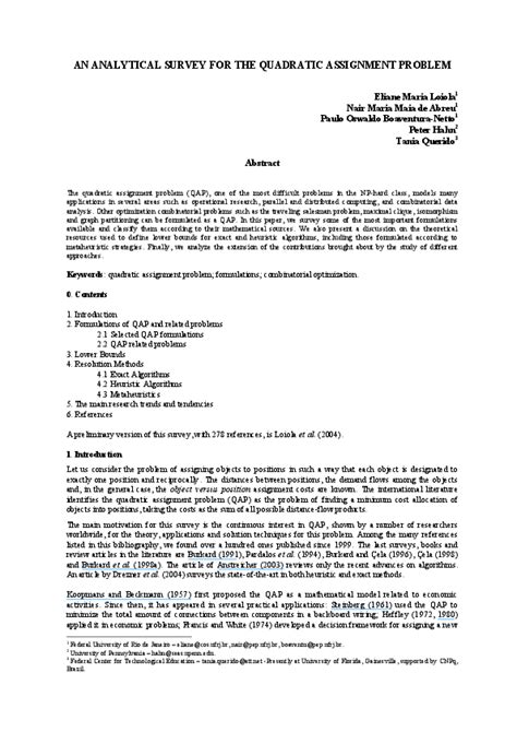 Pdf A Survey For The Quadratic Assignment Problem