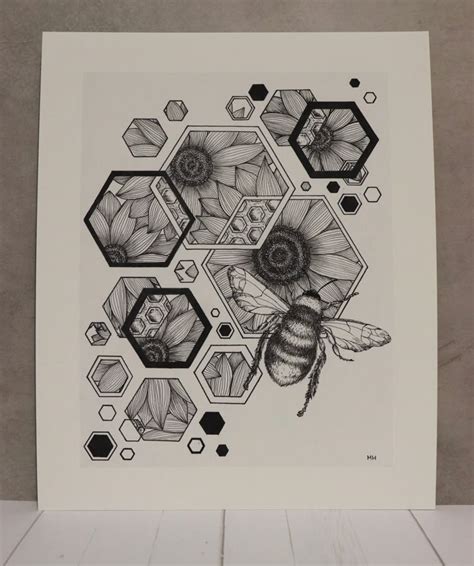 9x11 Hexagons Sunflowers And A Bee Drawing Print 1 White Border