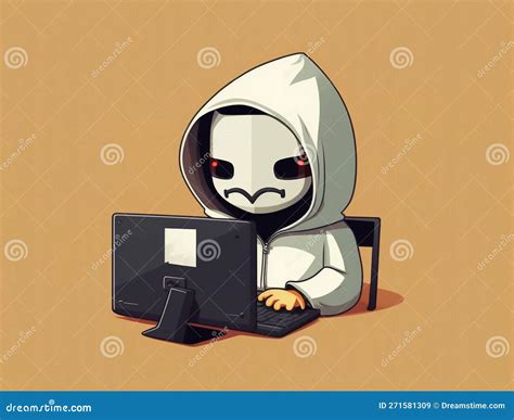 cute anonymous hacker with white hoodie using computer laptop concept