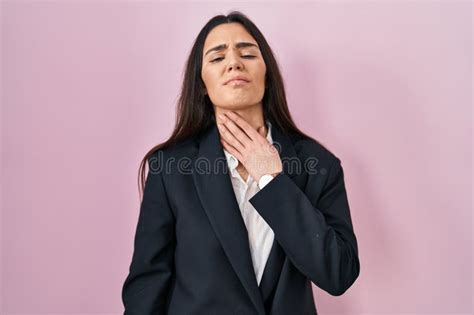 Young Brunette Woman Wearing Business Style Over Pink Background