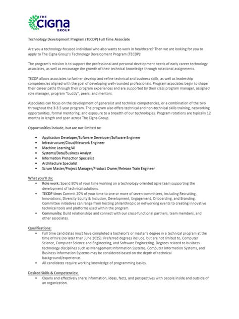 The Cigna Group Technology Development Program Tecdp Full Time