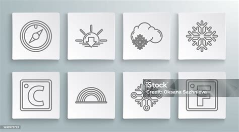 섭씨 일몰 구름이 있는 무지개 눈송이 화씨 구름 눈 및 바람 장미 아이콘을 설정합니다 벡터 0명에 대한 스톡 벡터 아트 및 기타