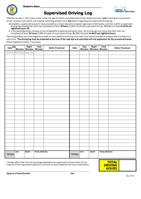 Supervised Driving Log Printable Pdf Download