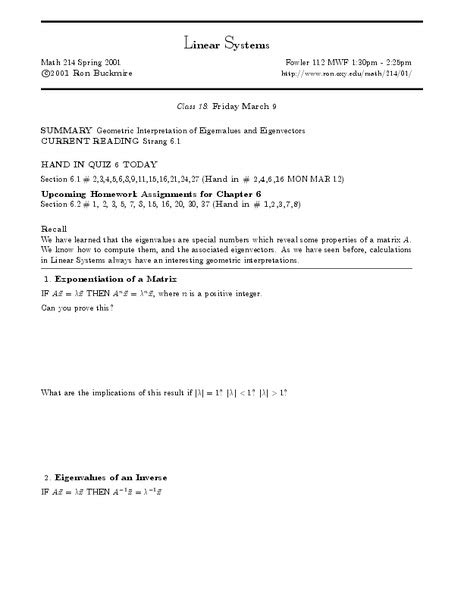 Geometric Interpretations Of Eigenvalues And Eigenvectors Worksheet For