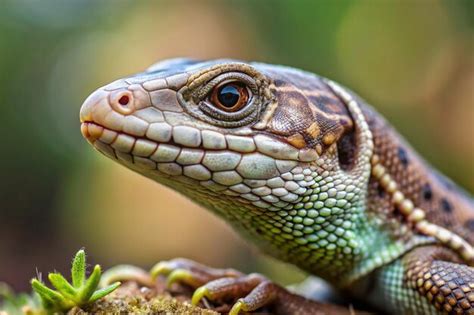 A Lizard With A Green Head And Brown Eyes Is Looking Up Premium Ai