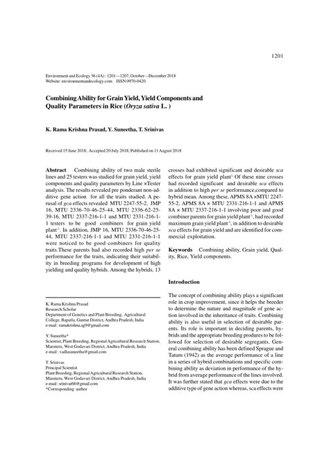 Pdf Combining Ability For Grain Yield Yield Components And Quality