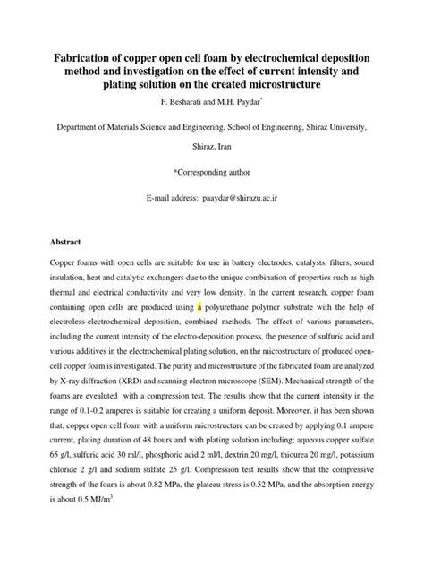 Fabrication Of Copper Open Cell Foam By Electrochemical Deposition Method And Investigation On
