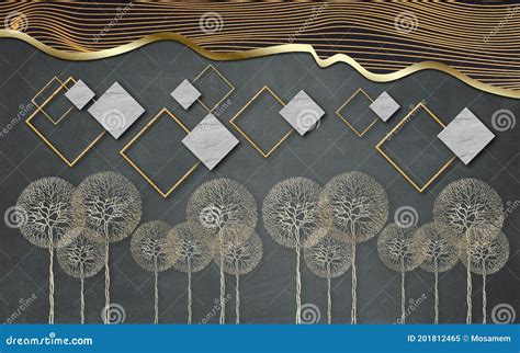 3d Modern Mural Wallpaper With Golden Line And Square Gray Black