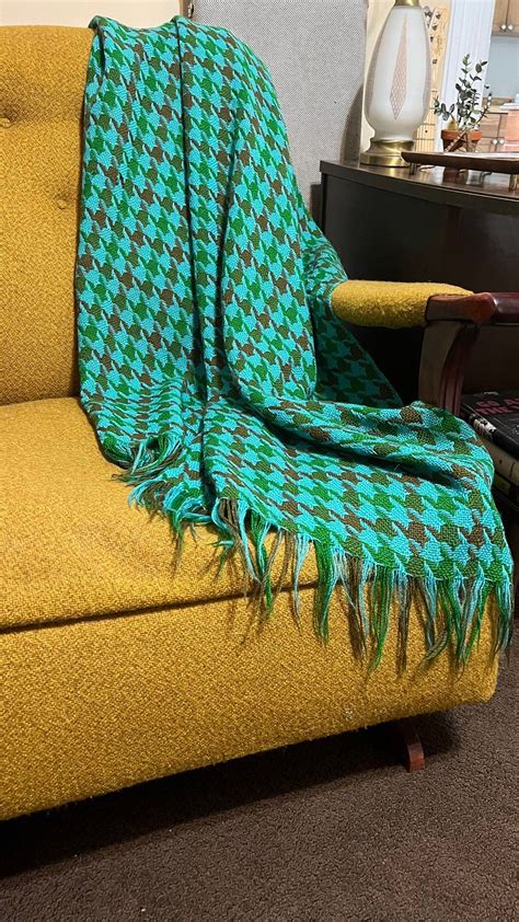 Vintage Pendleton Throw Blanket Houndstooth Pattern Mid Century Modern