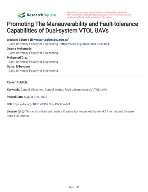 Pdf Promoting The Maneuverability And Fault Tolerance Capabilities Of Dual System Vtol Uavs