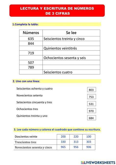 Actividad De Lectura Y Escritura De Números De Tres Cifras