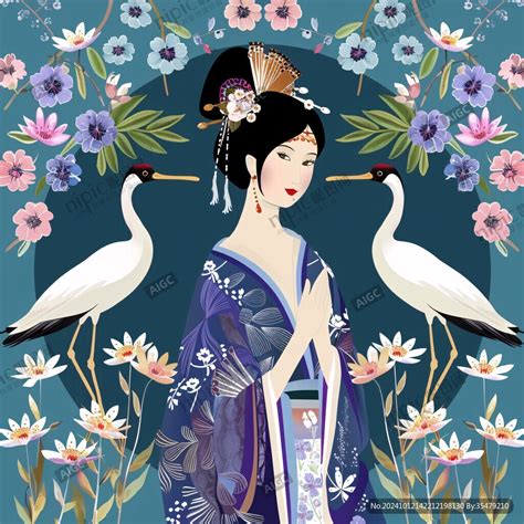 Ai创作图日本艺妓素材 日式古代仕女 日本艺妓 国潮仕女图 艺伎美女图 插画艺妓 花鸟少女 女性国潮插画 鲜花仙鹤 仕女国潮 日本美女图腾