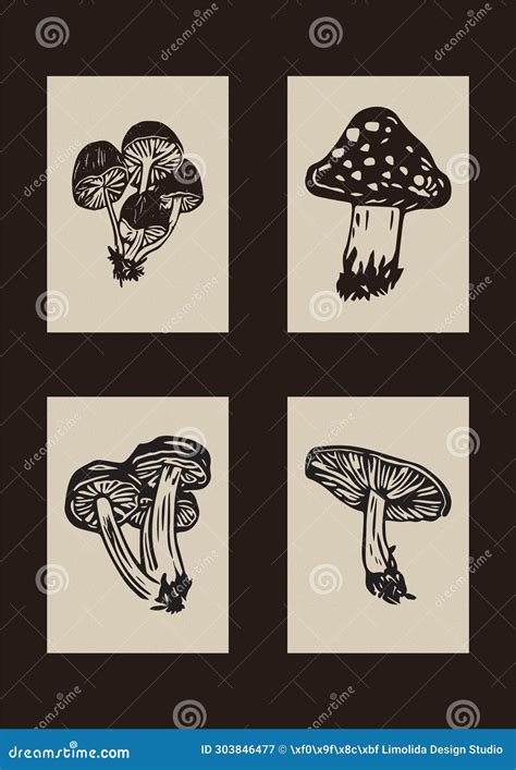 Handmade Linocut Mushroom Motif Clipart In Folkart Scandi Style Set Of