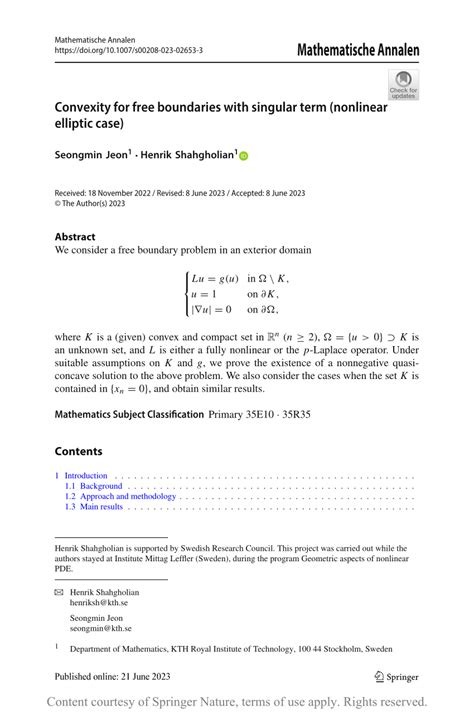 Pdf Convexity For Free Boundaries With Singular Term Nonlinear