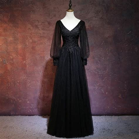 Black Lace Applique Sheer Long Sleeve Long Prom Dress Everisa